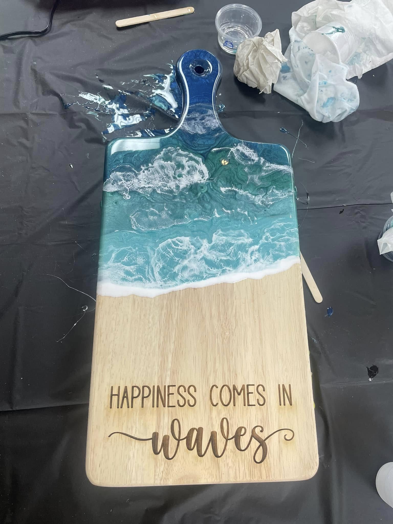 Epoxy Pour Cutting Board- Happiness comes in waves – Paint the Grain Studio